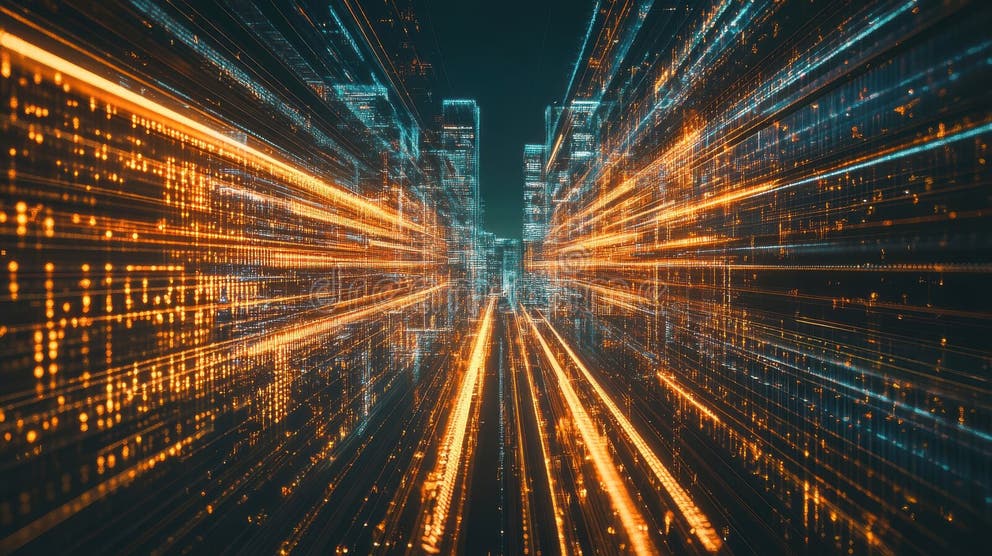 Data Transfer Visualized with Glowing Streams, Modern Urban Tech ...