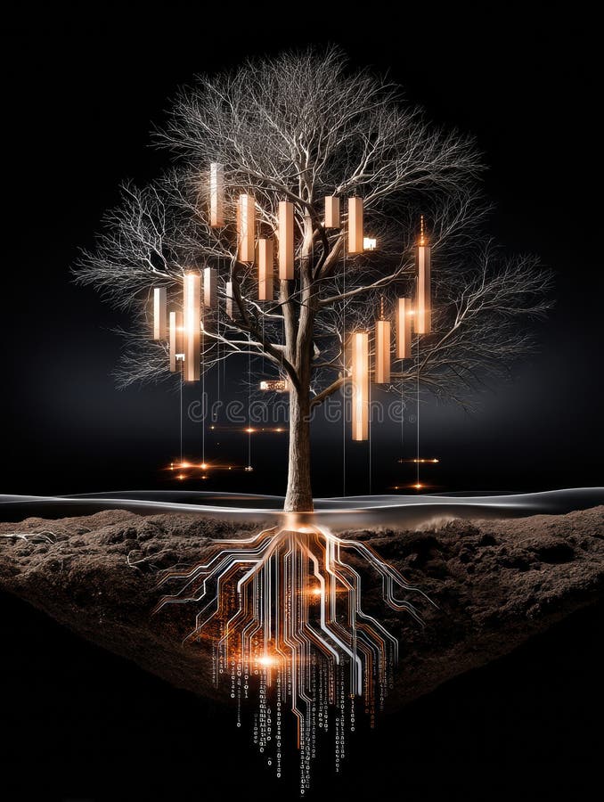 Data Tree with Glowing Bar Chart Branches and Binary Code Roots Stock ...