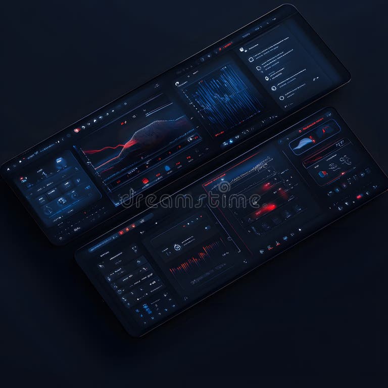 Data Visualization on Angled Screens Red, Blue, and White Graphs on ...