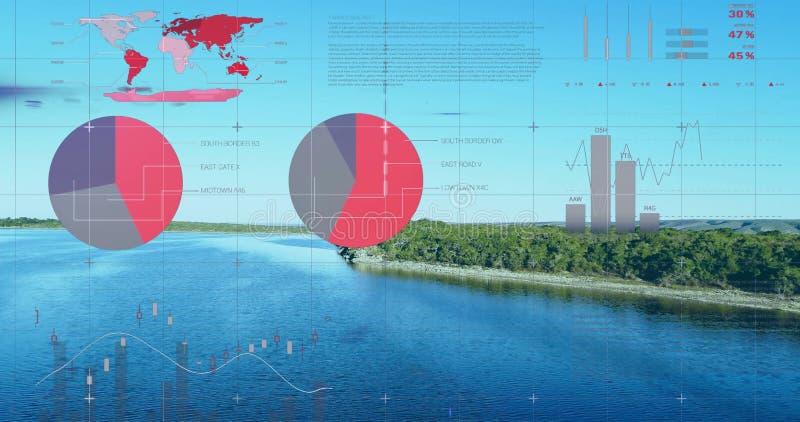 Data Visualization Animation Over Serene River Landscape with Graphs ...