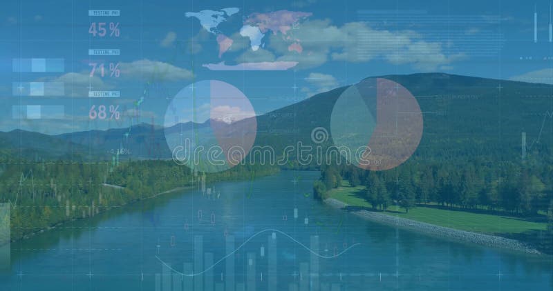 Data Visualization Animation Over Serene River Landscape with Mountains ...
