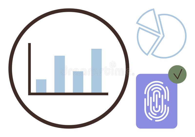 Data Visualization with Bar Graph, Pie Chart, Fingerprint, and Verification Checkmark Stock ...