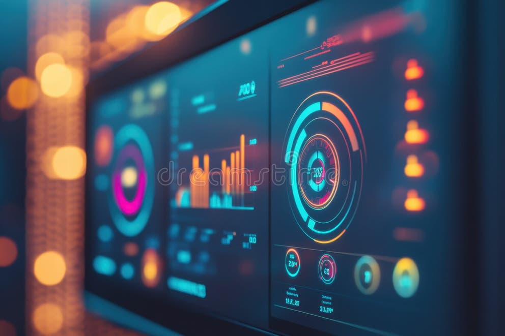 Data Visualization Dashboard Displaying Colorful Charts and Graphs at a Tech Workspace Stock ...