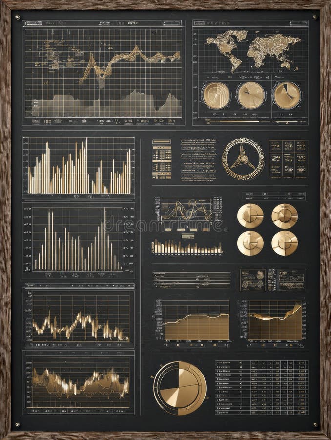 Data Visualization Dashboard Displaying Global Statistics and Trends in a Sleek Design with Gold ...