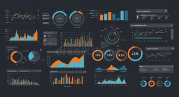 Data Visualization Dashboard Featuring Various Charts and Graphs on a Dark Stock Illustration ...