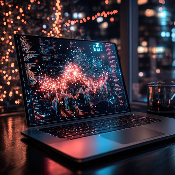 Data Visualization Displayed on a Laptop Screen with Festive Lights in ...