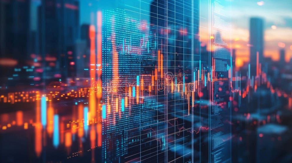 Data Visualization with Glowing Charts and Cityscape Background Stock ...