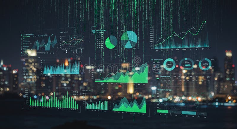 Data Visualization Graphics Overlay a Cityscape at Night, with Skyscrapers Blurred in Stock ...