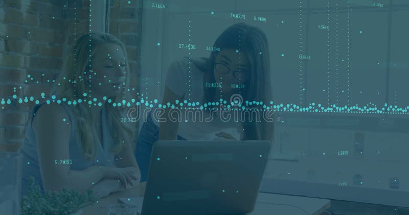 Data Visualization Image Over Two Women Working on Laptop in Office ...
