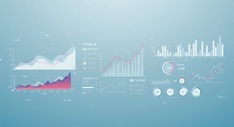 Data Visualization Interface With Various Charts And Graphs On A Blue Gradient Stock