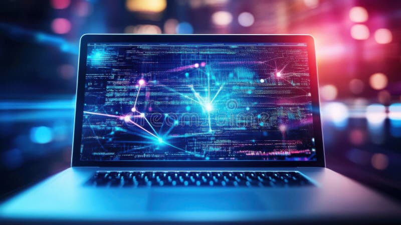 Data Visualization on Laptop, Network, Code, Digital Stock Illustration ...