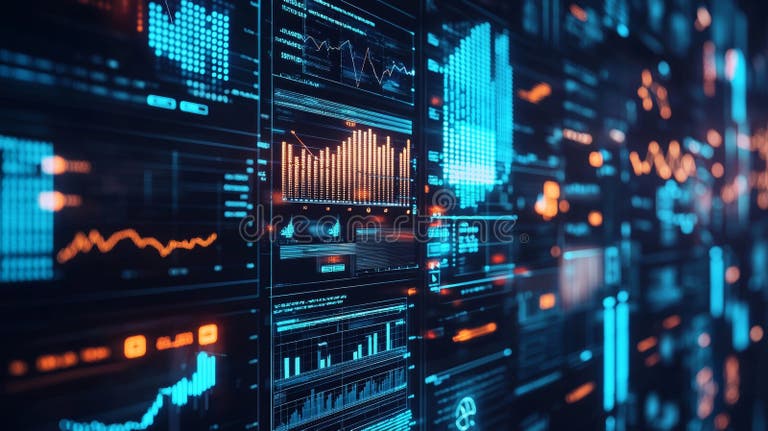 Data Visualization on Large Digital Screens with Blue and Orange Graphs ...
