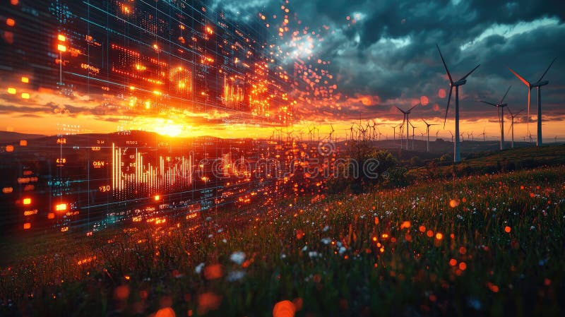 Data Visualization Overlaying Wind Turbines in a Field at Sunset Clean ...