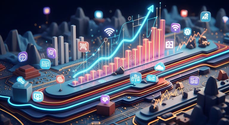Data Visualization with Rising Graph and Tech Icons on Layered Platform ...