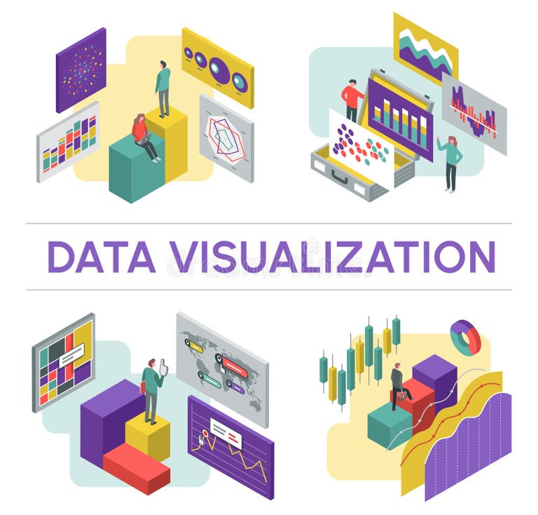 Data Visualization Set of Isometric Illustrations. Data Tools Finance Diagram, Bar Chart and ...