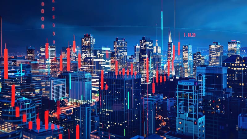 Data Visualizations Show Financial Trends Against Lit City Buildings at ...
