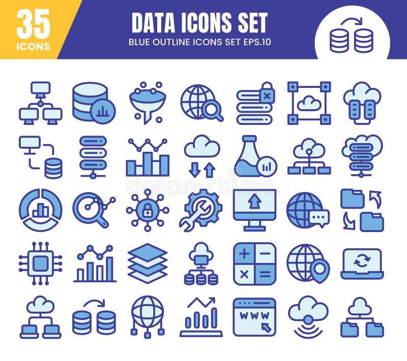Database Blue Color Outline Icons Set.Data Analysis, Statistics, Analytics Web Signs.Stock ...