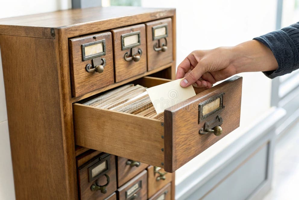 Database Cabinet and Human Hand Opens Card Drawer Stock Illustration ...
