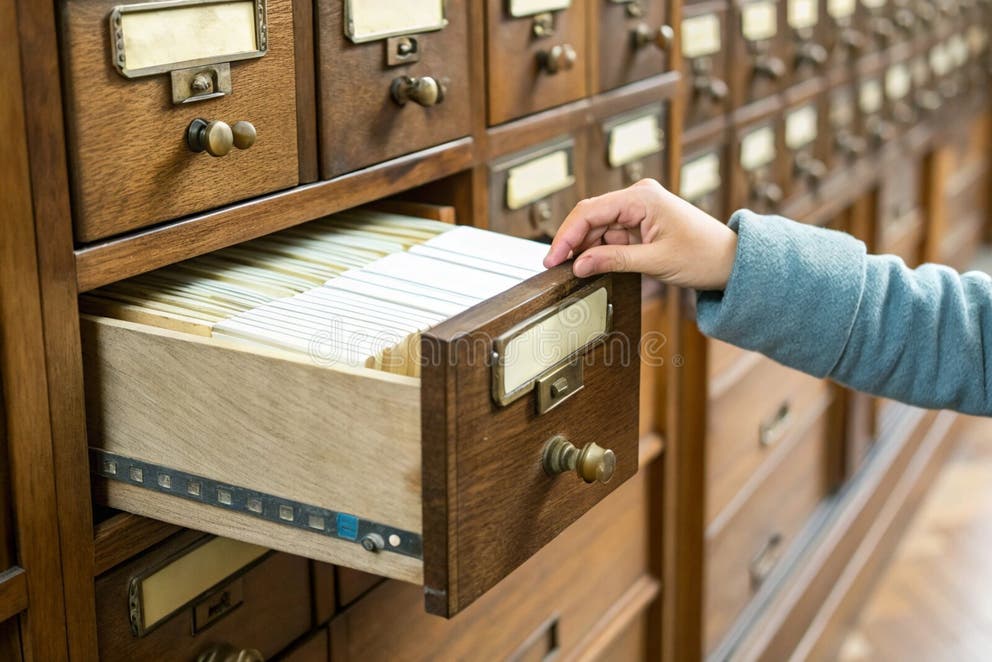 Database Cabinet and Human Hand Opens Card Drawer Stock Illustration ...