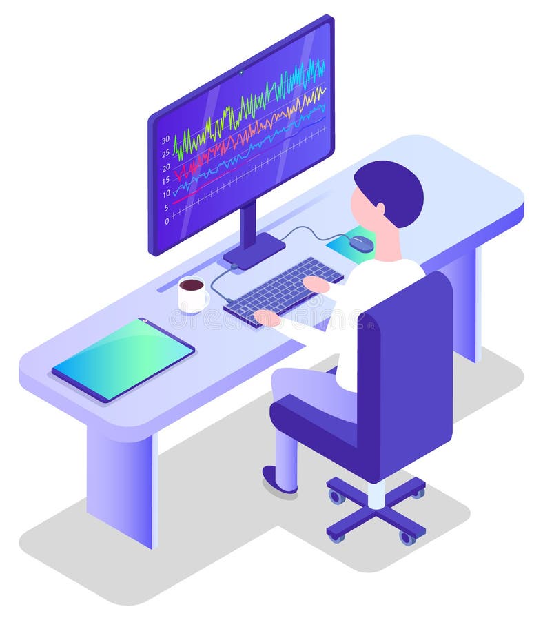 Database Center Worker with Computer in Office Stock Vector ...