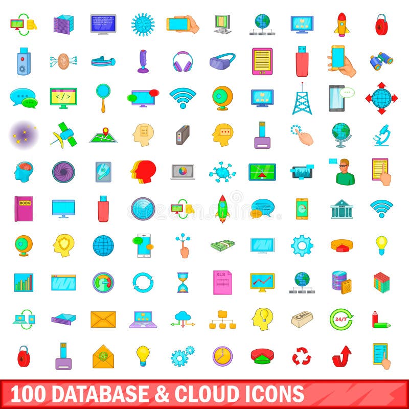 100 Database and Cloud Icons Set, Cartoon Style Stock Vector ...