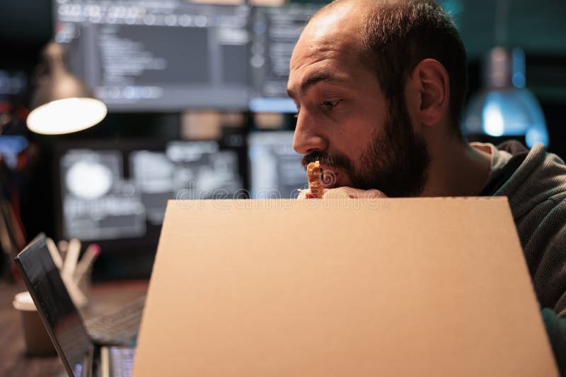 Database Coder Eating Pizza from Takeaway Delivery Stock Photo - Image ...