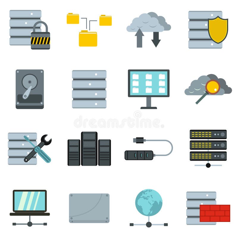 Database Icons Set, Flat Style Stock Vector - Illustration of laptop ...