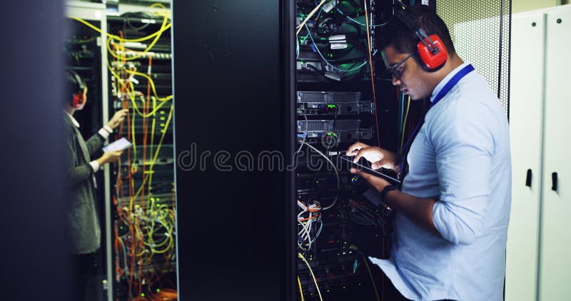 Database, Inspection and Tablet with it Professional in Server Room for Cybersecurity Support ...