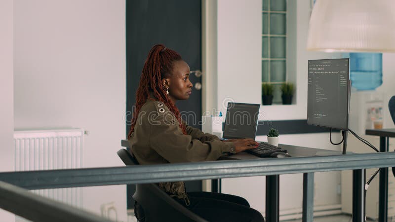 Database Programer Writing Source Code And Script On Terminal Window Stock Image Image Of