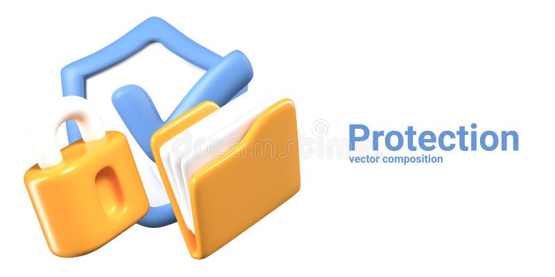 Database Protection Concept in 3D Cartoon Style. Folder with Documents ...
