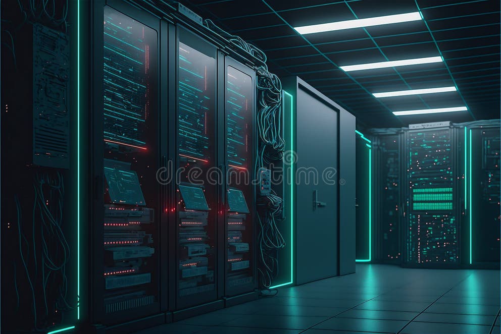 Database Server Racks Room with Big Data Computer Center. Green Light ...