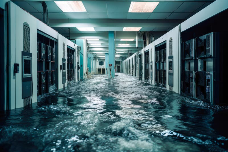 Datacenter Being Flooded. Water Flooding the Supercomputer Array, it ...