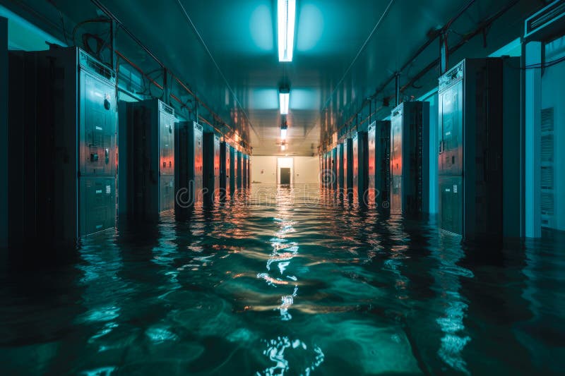 Datacenter Being Flooded. Water Flooding the Supercomputer Array, it ...