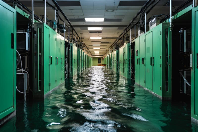 Datacenter Being Flooded. Water Flooding the Supercomputer Array, it ...