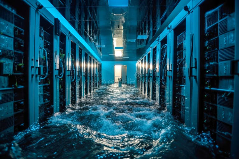 Datacenter Being Flooded. Water Flooding the Supercomputer Array, it ...