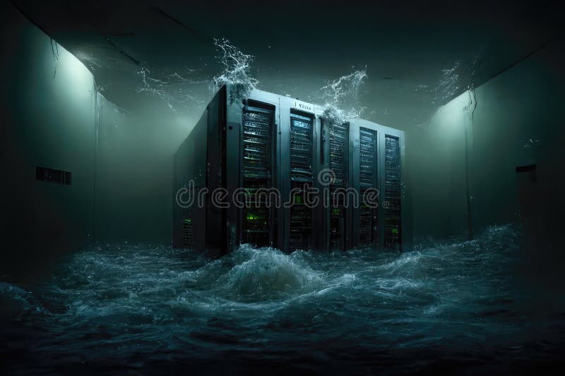 Datacenter Being Flooded. Water Flooding the Supercomputer Array Stock ...