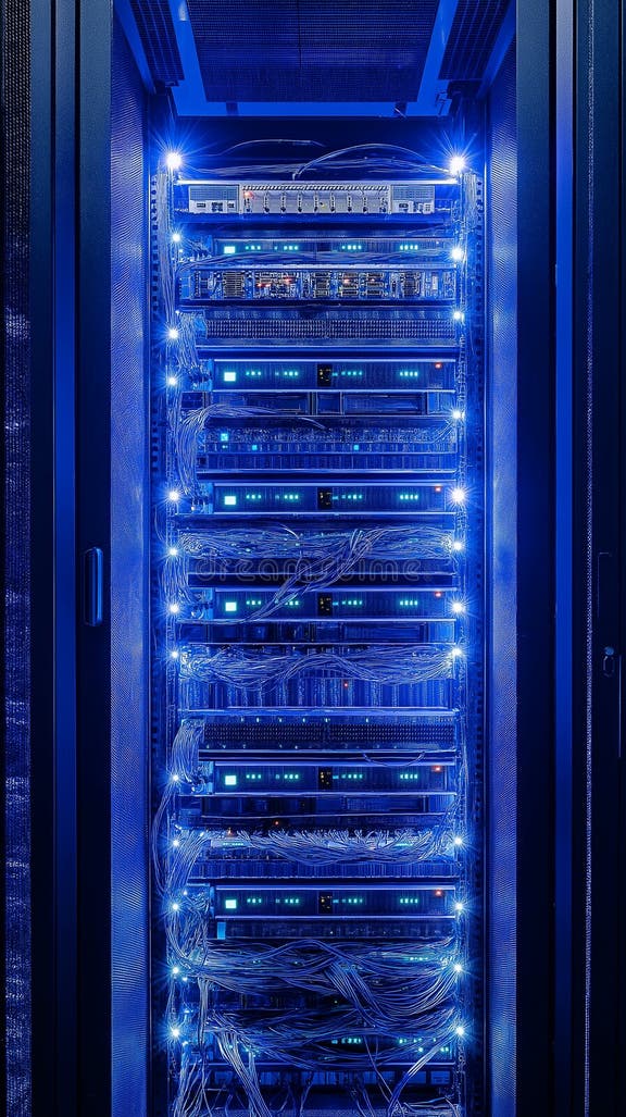 Datacenter Computers with Cables and Blue Lights. Cloud Computing Stock ...