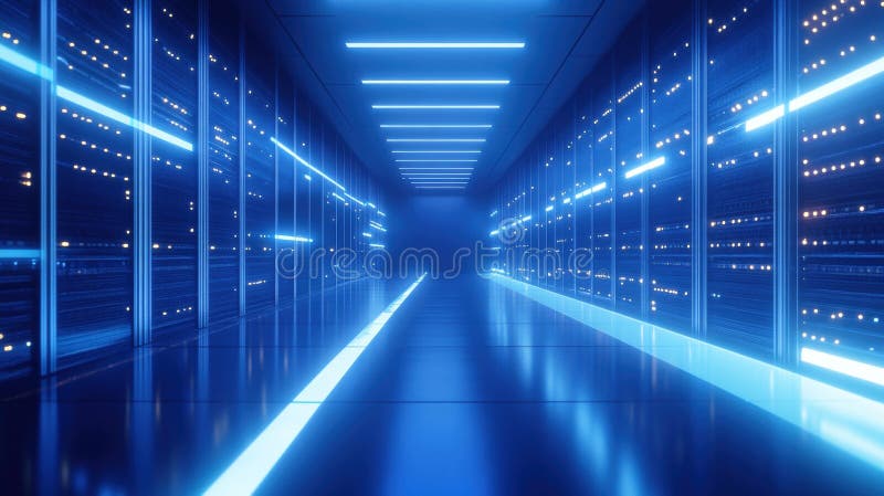 Datacenter Room with Glowing Server Racks in Blue Light Stock ...