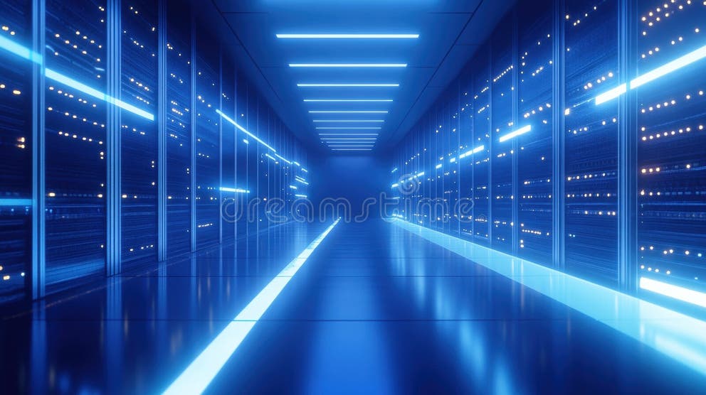Datacenter Room with Glowing Server Racks in Blue Light Stock ...