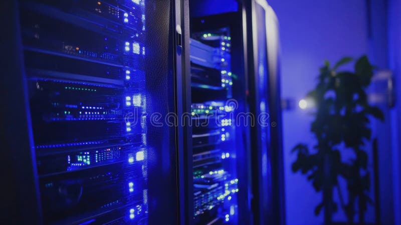 Datacenter Room with Glowing Server Racks in Blue Light Stock ...