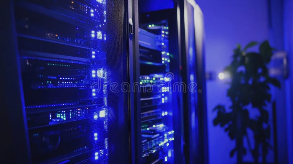 Datacenter Room with Glowing Server Racks in Blue Light Stock ...