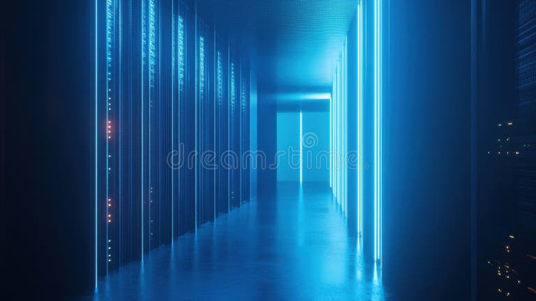 Datacenter Room with Glowing Server Racks in Blue Light Stock ...