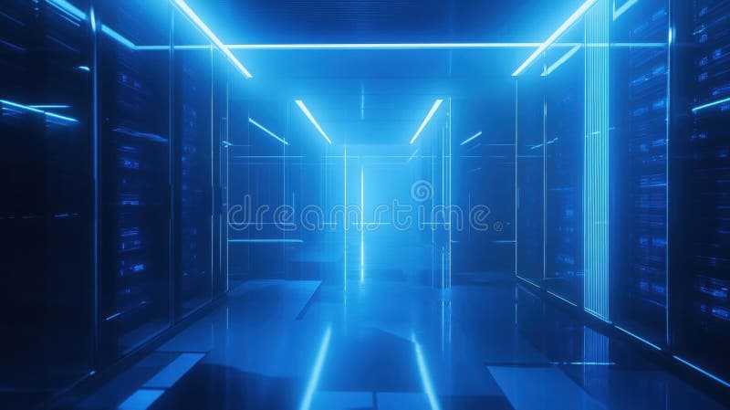 Datacenter Room with Glowing Server Racks in Blue Light Stock ...