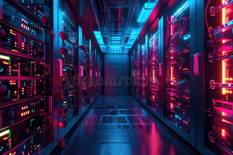 Datacenter Room with Racks of Fast Servers. Generative AI Stock Photo ...