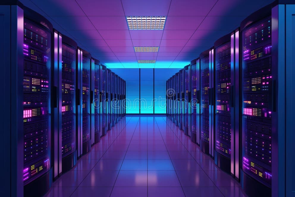 Datacenter Server Room Interior with Rows of Computer Equipment Racks ...