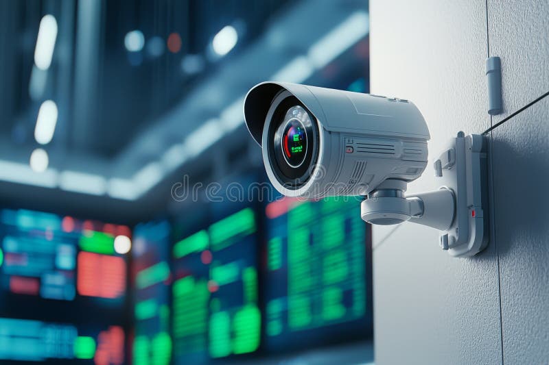Datacenter Surveillance Camera with Multiple Digital Screens. Digital ...
