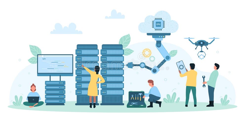 Datacenter Technology, AI, Tiny People Work with Computers, Servers and ...