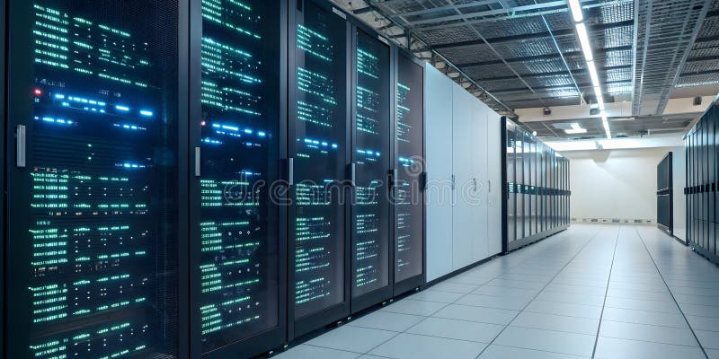 DataCenterCorridorsGleamWithBlueIlluminatedServersRowsOfTechnology ...