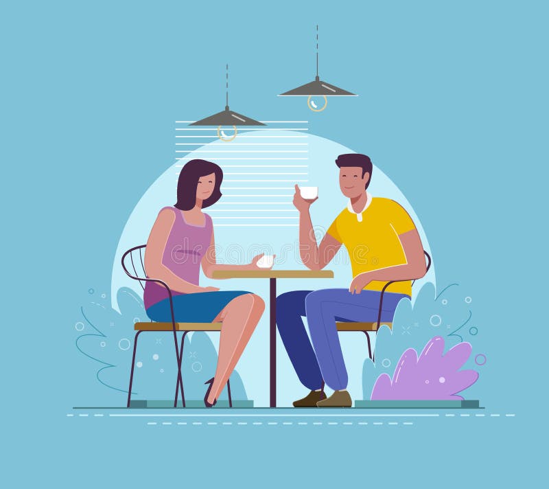 Date at the Cafe. a Young Man and Woman are Drinking Coffee. Vector ...