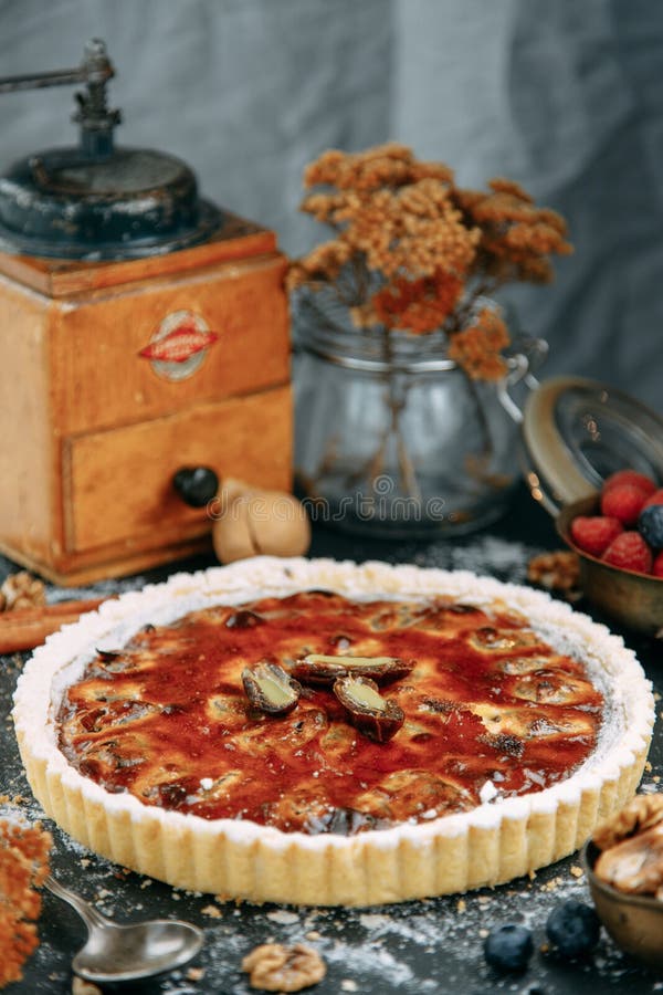 Date Cake with Sweet Jam and Shortbread. Fruit Cake Cut into Slices ...